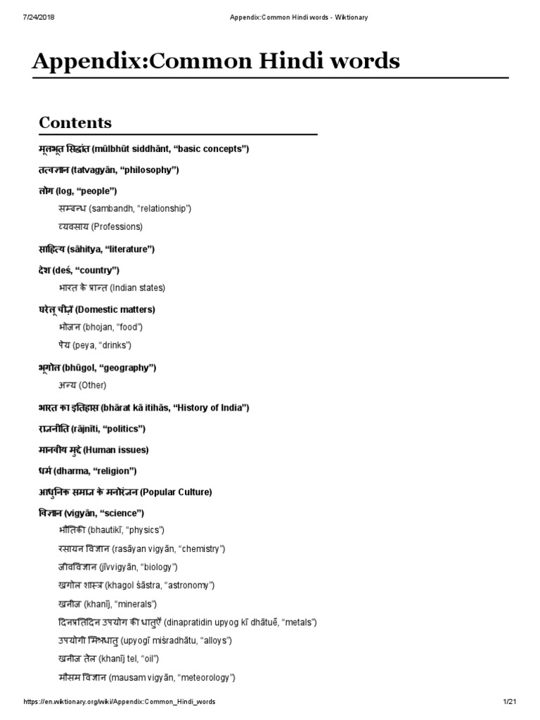 Appendix - Common Hindi Words - Wiktionary | PDF