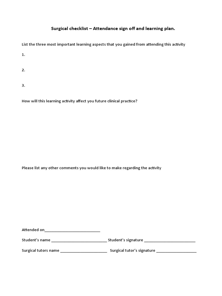 Surgical Checklist - Attendance Sign Off and Learning Plan | PDF