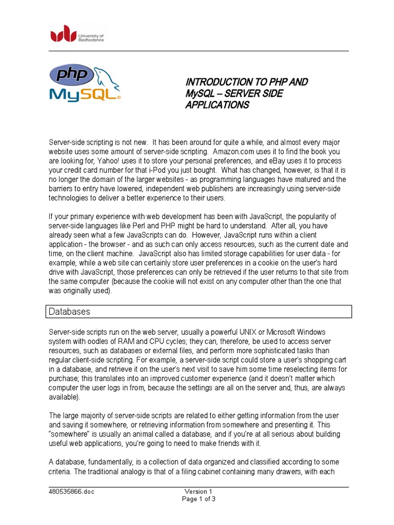 Introduction To PHP and Mysql - Server Side Applications: 480535866.doc Page 1 of 3 | PDF ...
