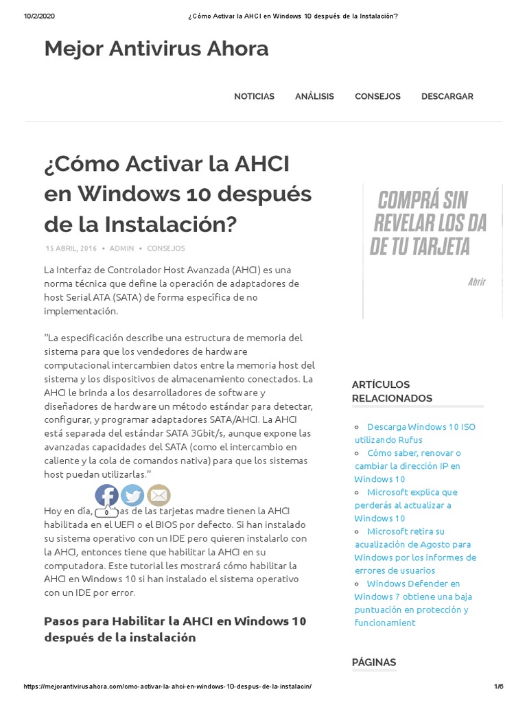 Activar AHCI en Windows 10 Post-Instalación | PDF | Windows 10 | Cookie ...