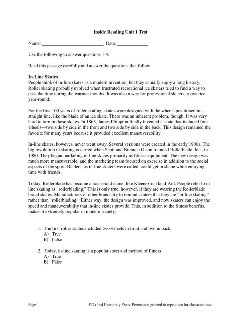 Inside Reading Unit 1 Test: ©oxford University Press. Permission ...