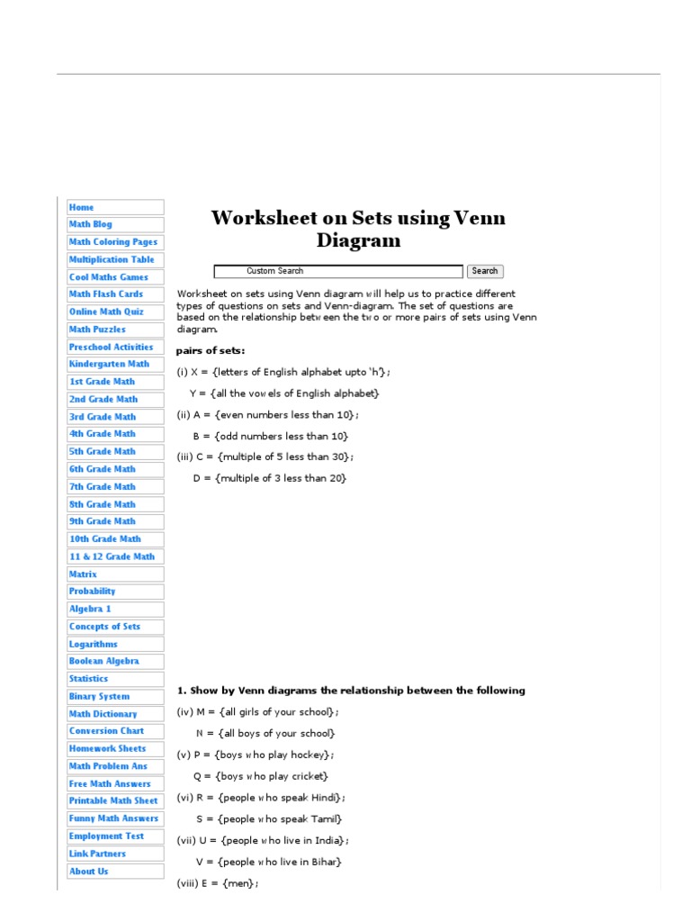 Worksheet On Sets Using Venn Diagram - Practice The Different Types of ...
