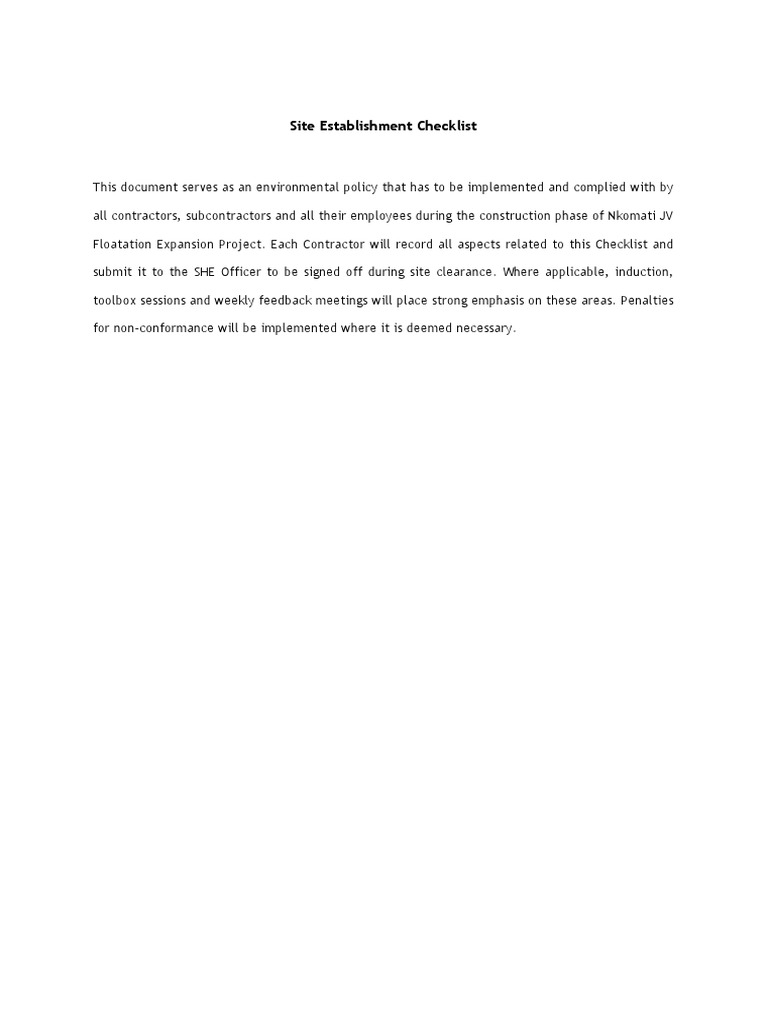 Site Establishment Checklist Draft | PDF | Topsoil | Hazardous Waste