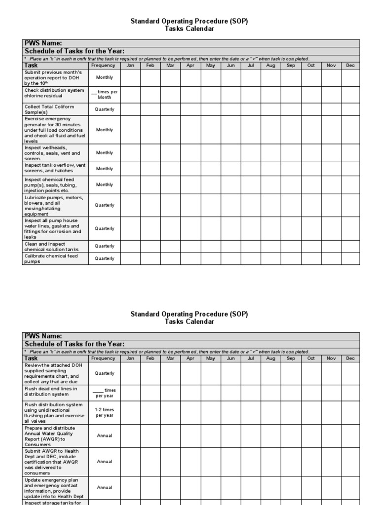 Standard Operating Procedure (SOP) Tasks Calendar PWS Name: Schedule of Tasks For The Year | PDF ...