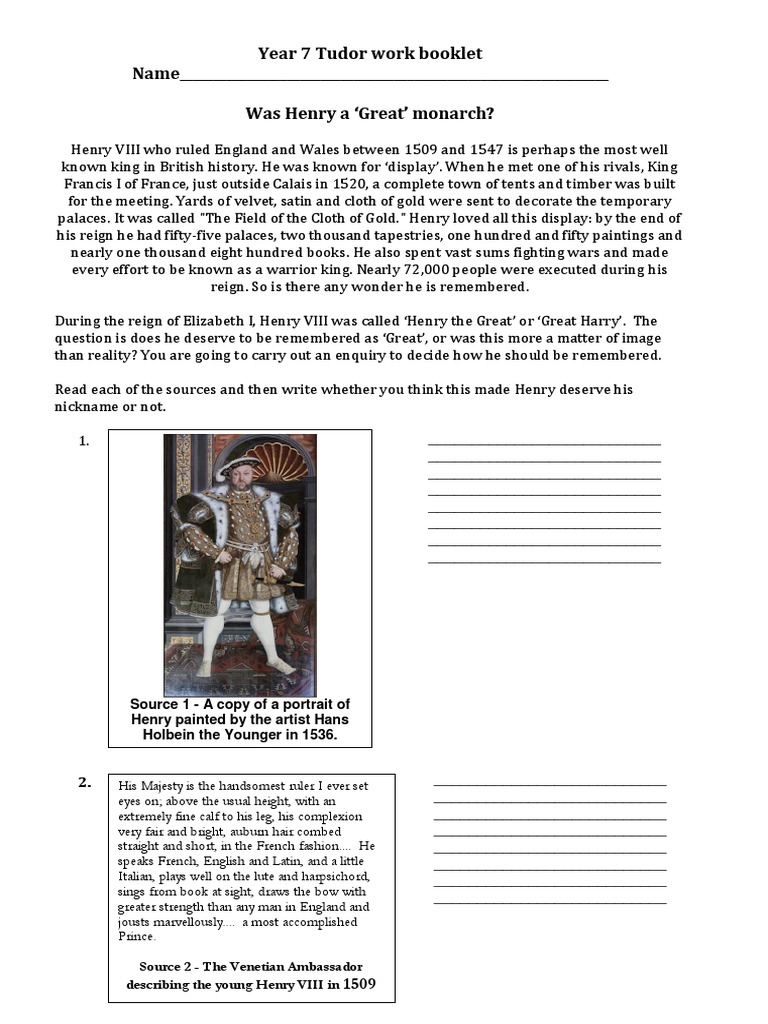 Year 7 Tudor Work Booklet Name - Was Henry A Great' Monarch? | PDF ...