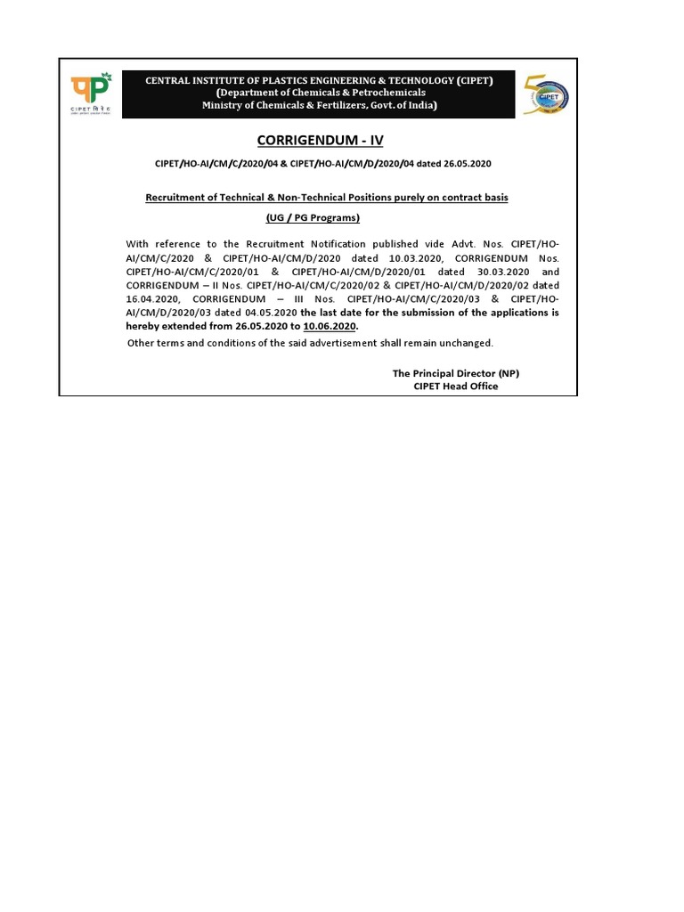 Corrigendum - Iv: Recruitment of Technical & Non-Technical Positions Purely On Contract Basis ...