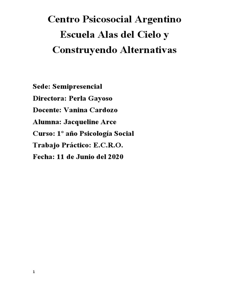 Trabajo Práctico V - E.C.R.O. Jacqueline Arce 1° Psicología Social 10 ...