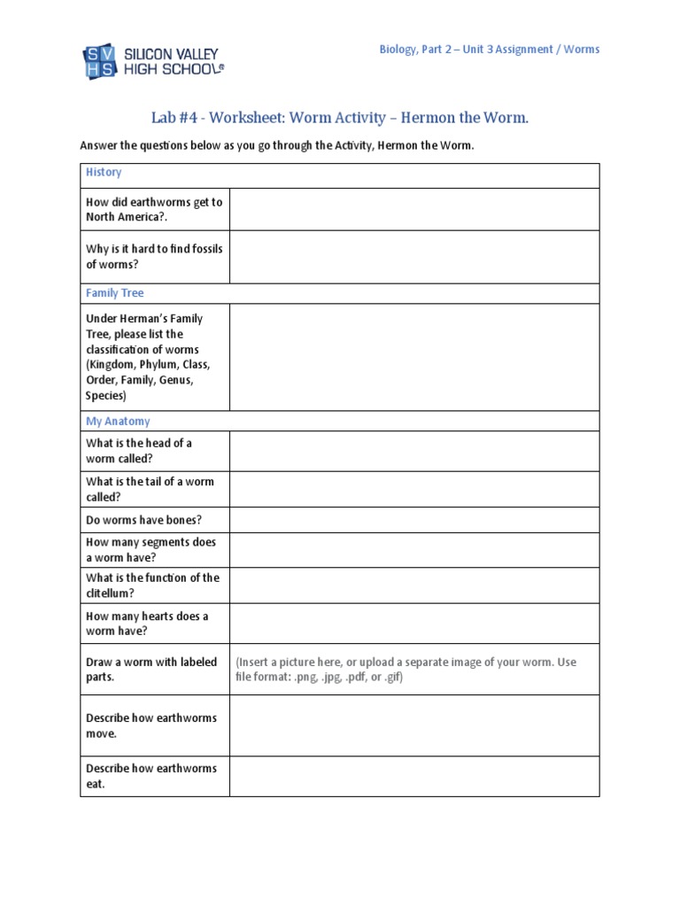 Lab #4 - Worksheet: Worm Activity - Hermon The Worm.: Biology, Part 2 ...