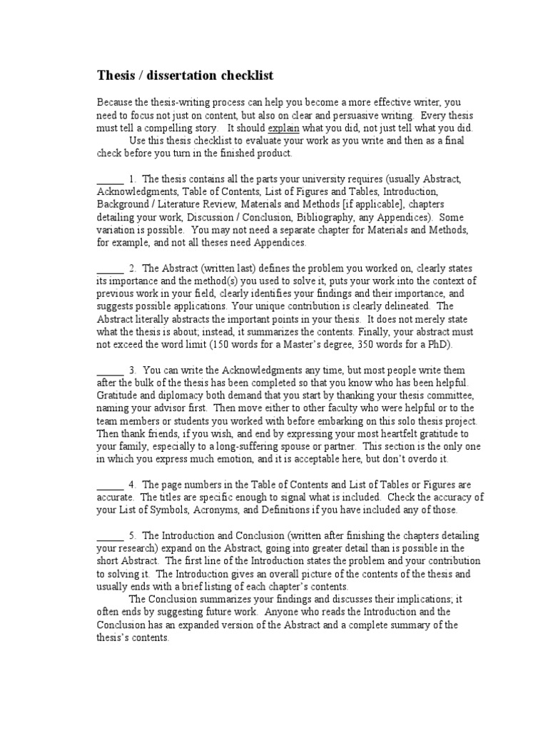 Thesis / Dissertation Checklist | PDF | Thesis | Proofreading Thesis / Dissertation Checklist | PDF | Thesis | Proofreading