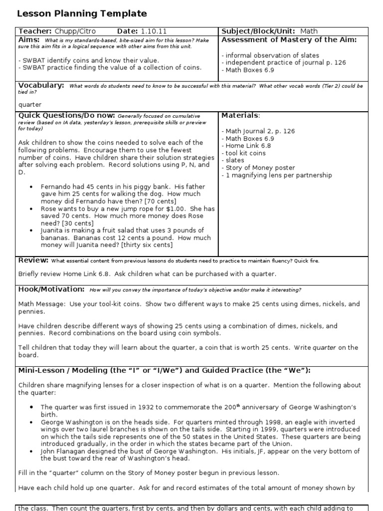 First Grade Math Lesson Plan - Identifying Coins and Values - Chupp ...