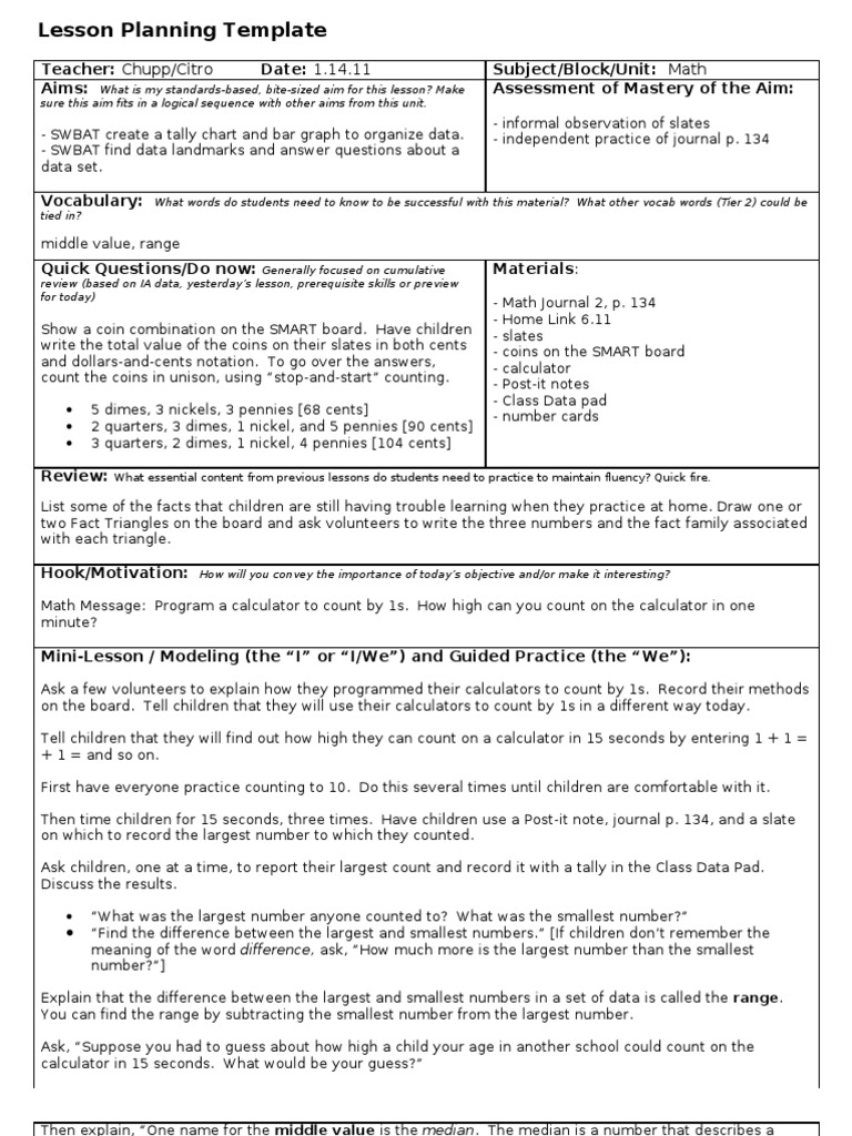 First Grade Math Lesson Plan - Tally Chart and Bar Graph - Chupp ...