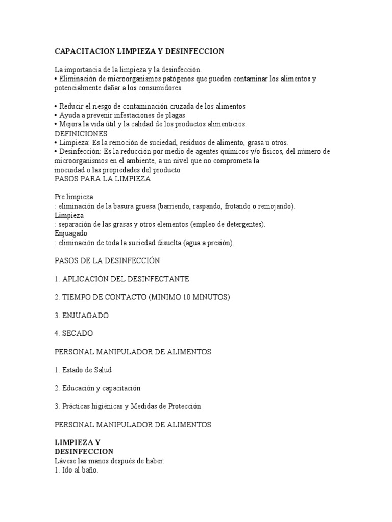 Capacitacion Limpieza y Desinfeccion | Descargar gratis PDF | Alimentos | Cloro