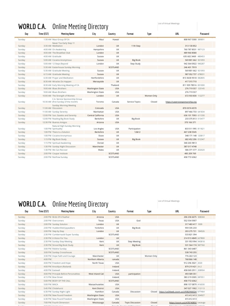 World CA Meeting Directory Meetings PDF | PDF | Sports