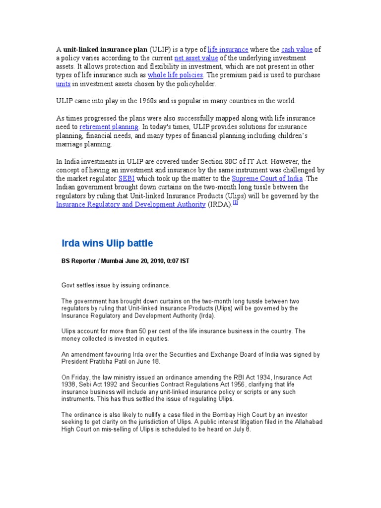 Irda Wins Ulip Battle: Life Insurance Cash Value Net Asset Value Whole ...