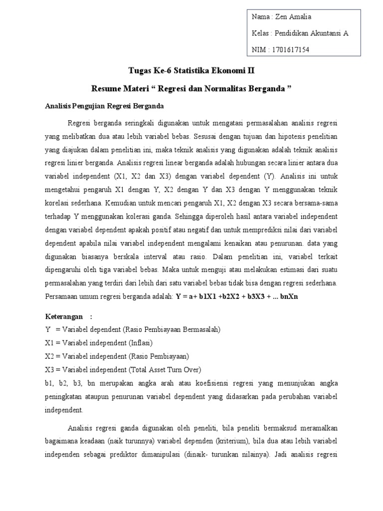 Zen Amalia - 1701617154 - Tugas Ke - 6 - Resume Regresi Dan Normalitas Berganda - Pendaki A ...
