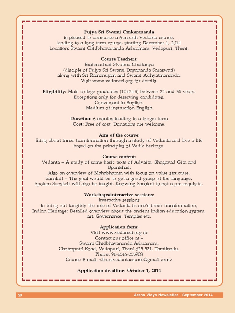 Vedanta Course Announcement 2014 | PDF | Vedanta | Hindu Texts