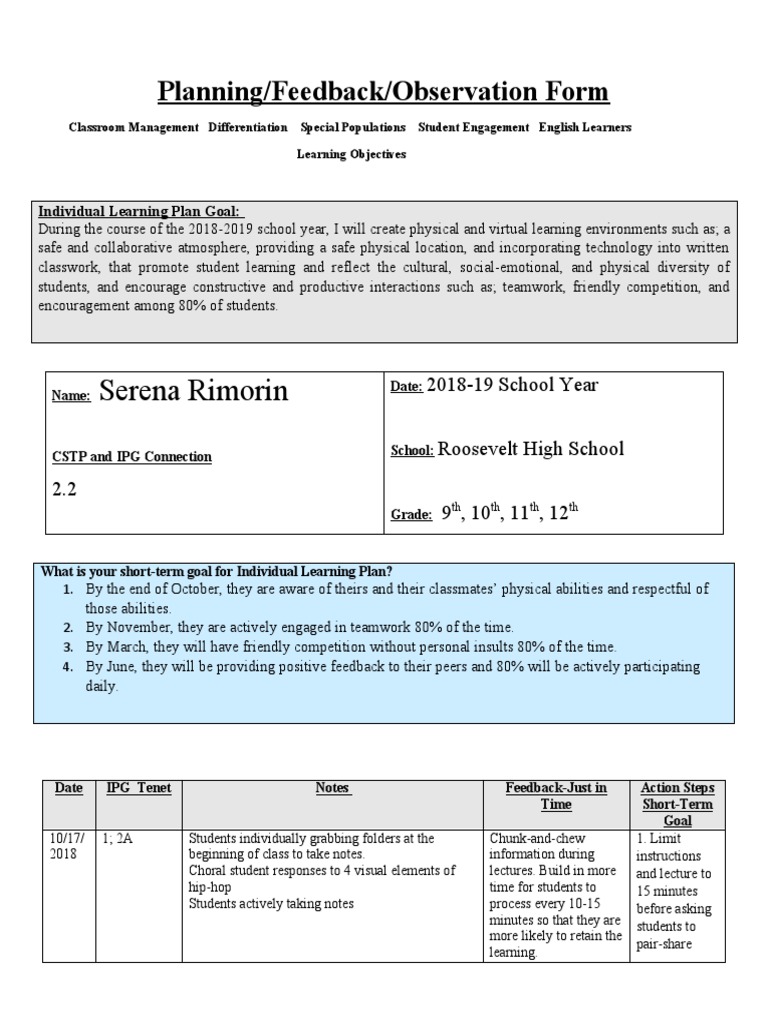 Planning-Feedback - Observation Form | PDF | Learning | Education Theory