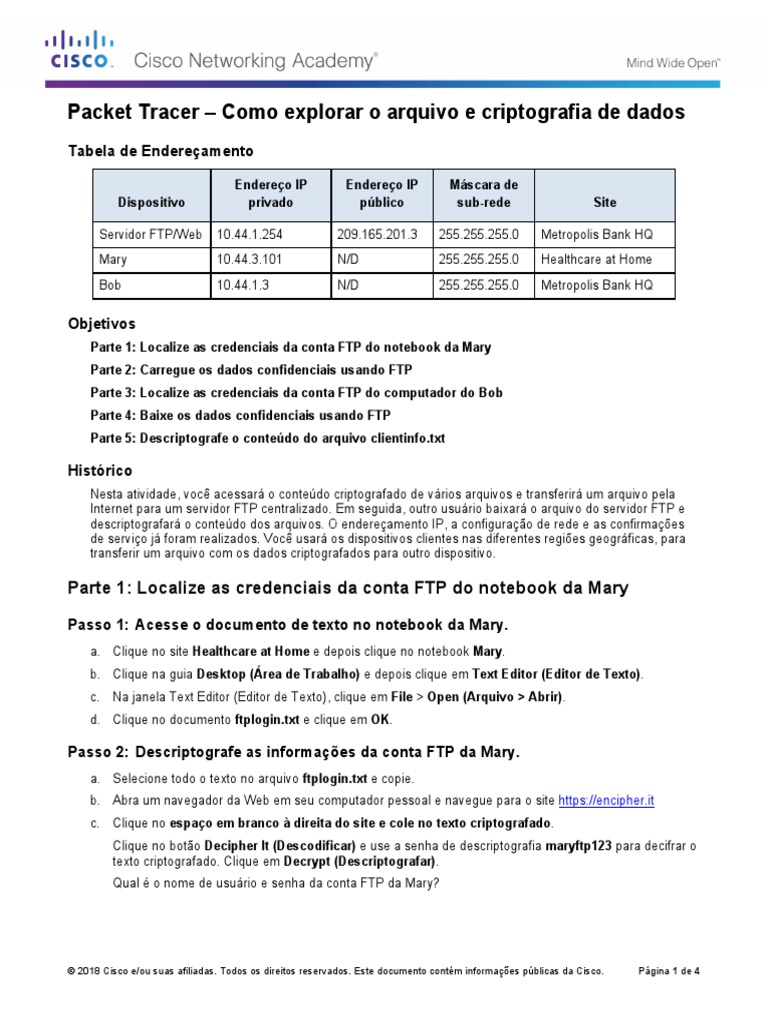 2.5.2.6 Packet Tracer - Exploring File and Data Encryption | PDF | Protocolo de transferência de ...