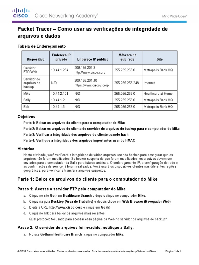 2.5.2.7 Packet Tracer - Using File and Data Integrity Checks | PDF | Protocolo de transferência ...