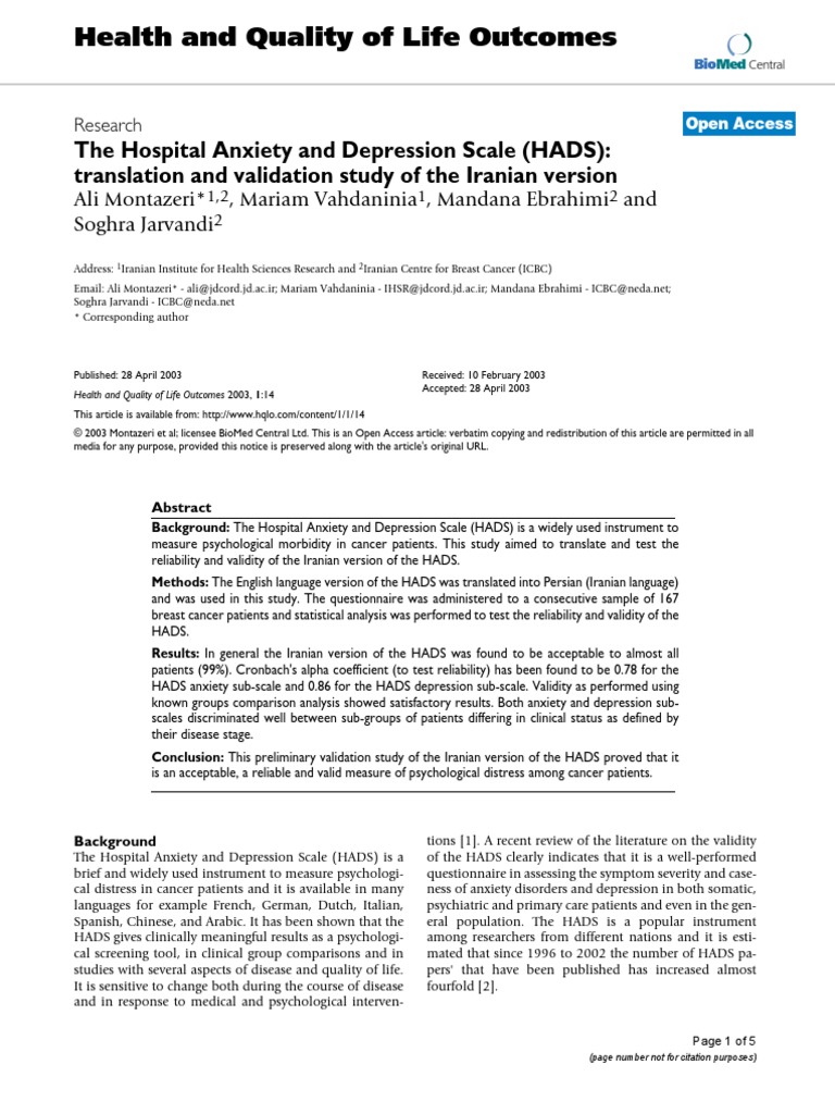 Hads Score | PDF | Major Depressive Disorder | Correlation And Dependence