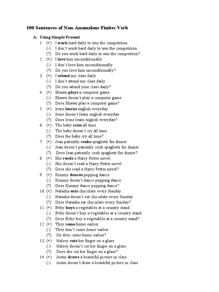 100 Sentences of Non Anomalous Finites Verb | PDF