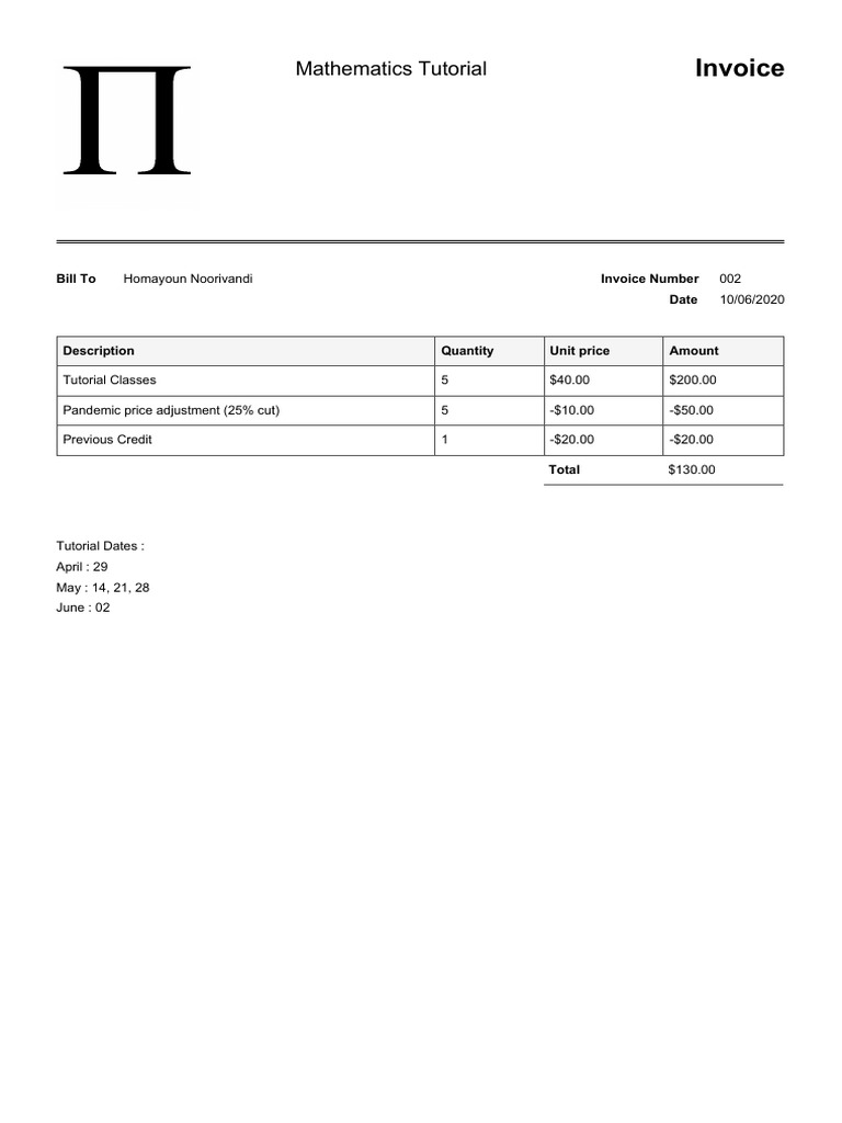 Invoice: Mathematics Tutorial | PDF