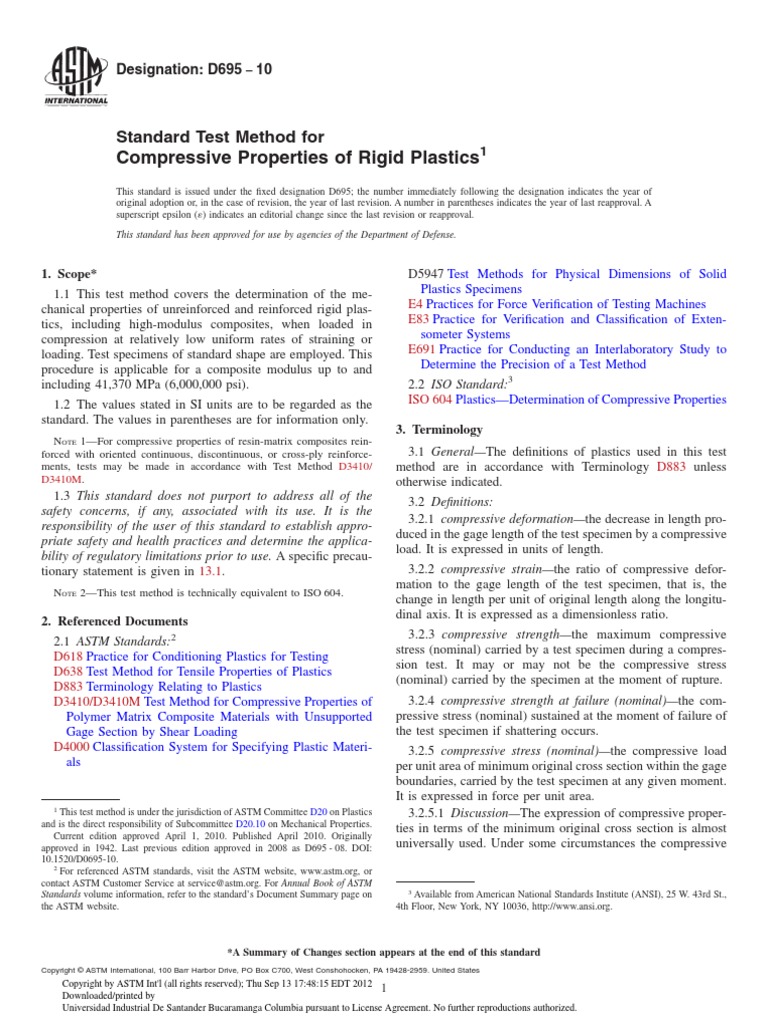 Compressive Properties of Rigid Plastics: Standard Test Method For ...
