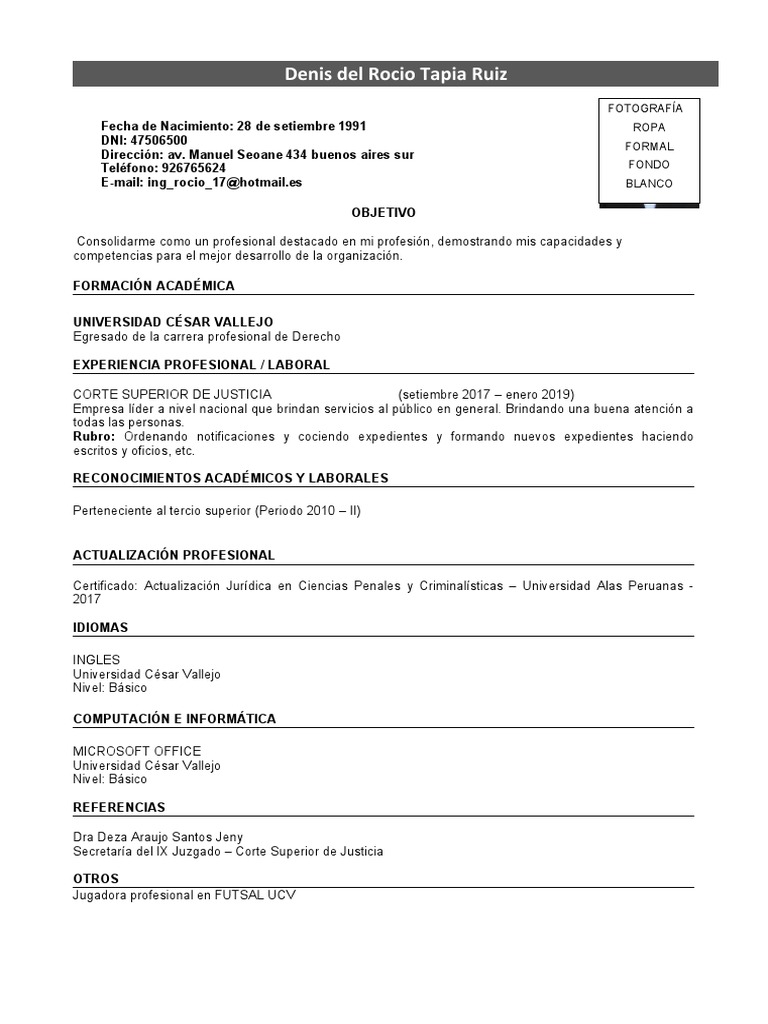 Curriculum Vitae Denis Del Rocio Tapia Ruiz | PDF