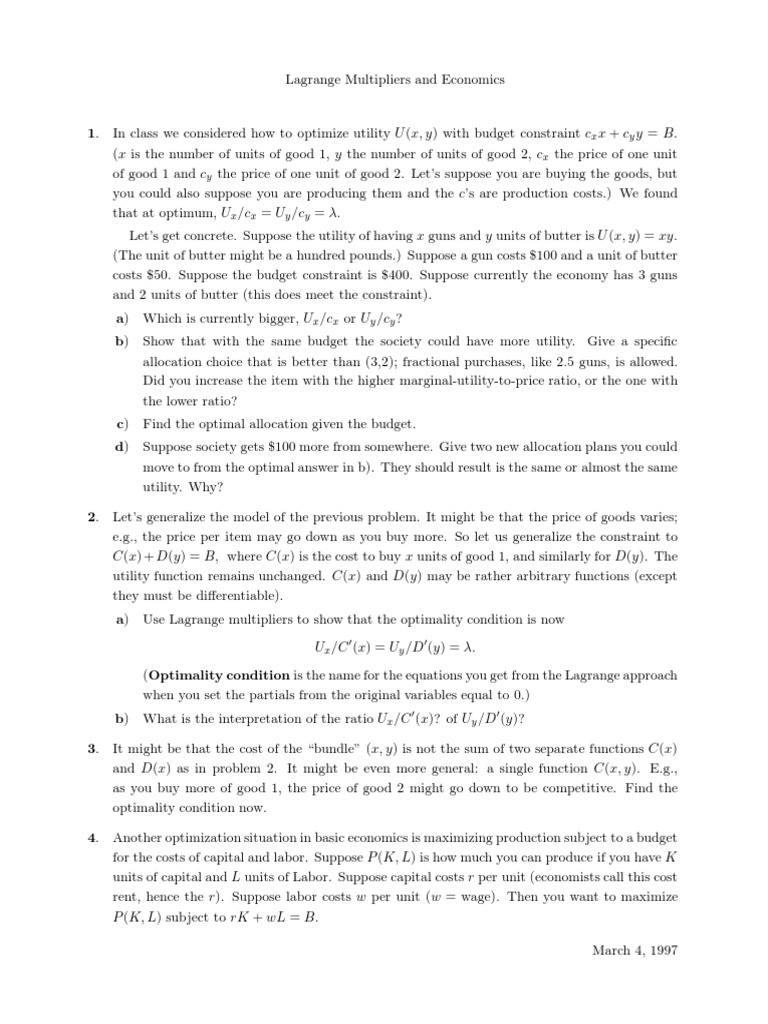 Optimal Production and Consumption with Lagrange Multipliers | PDF ...