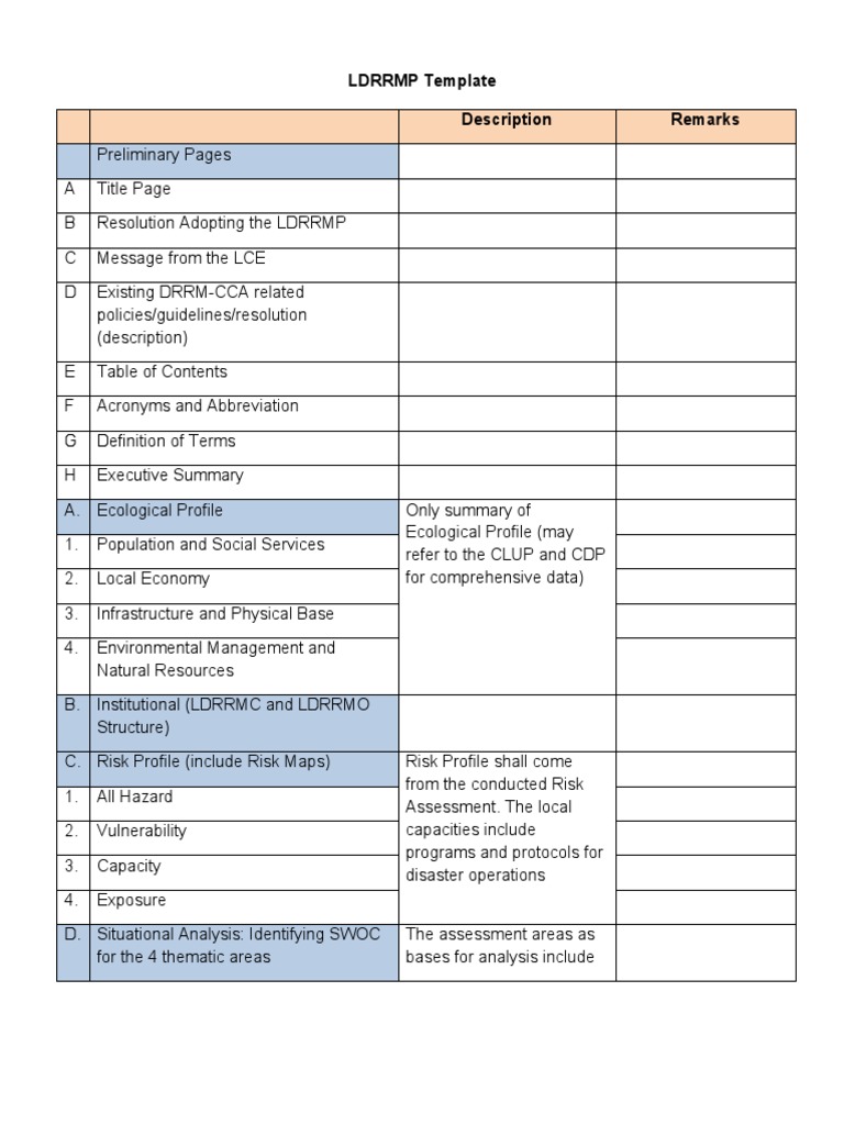 LDRRMP Template Description Remarks | PDF | Emergency Management | Risk