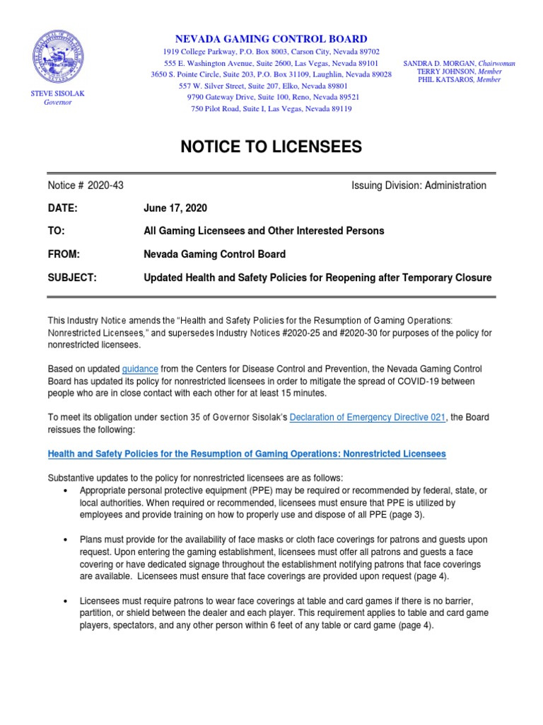 Nevada Gaming Control Board Update | PDF | Nevada | Personal Protective ...