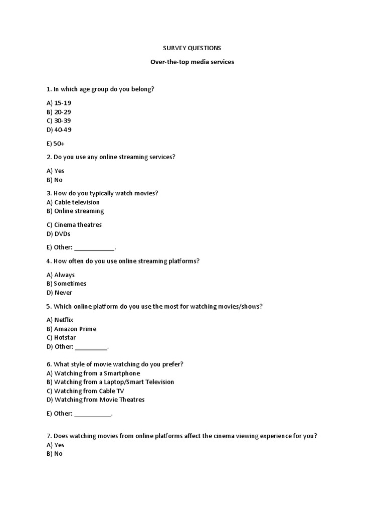 OTT Media Services Survey Questions | PDF