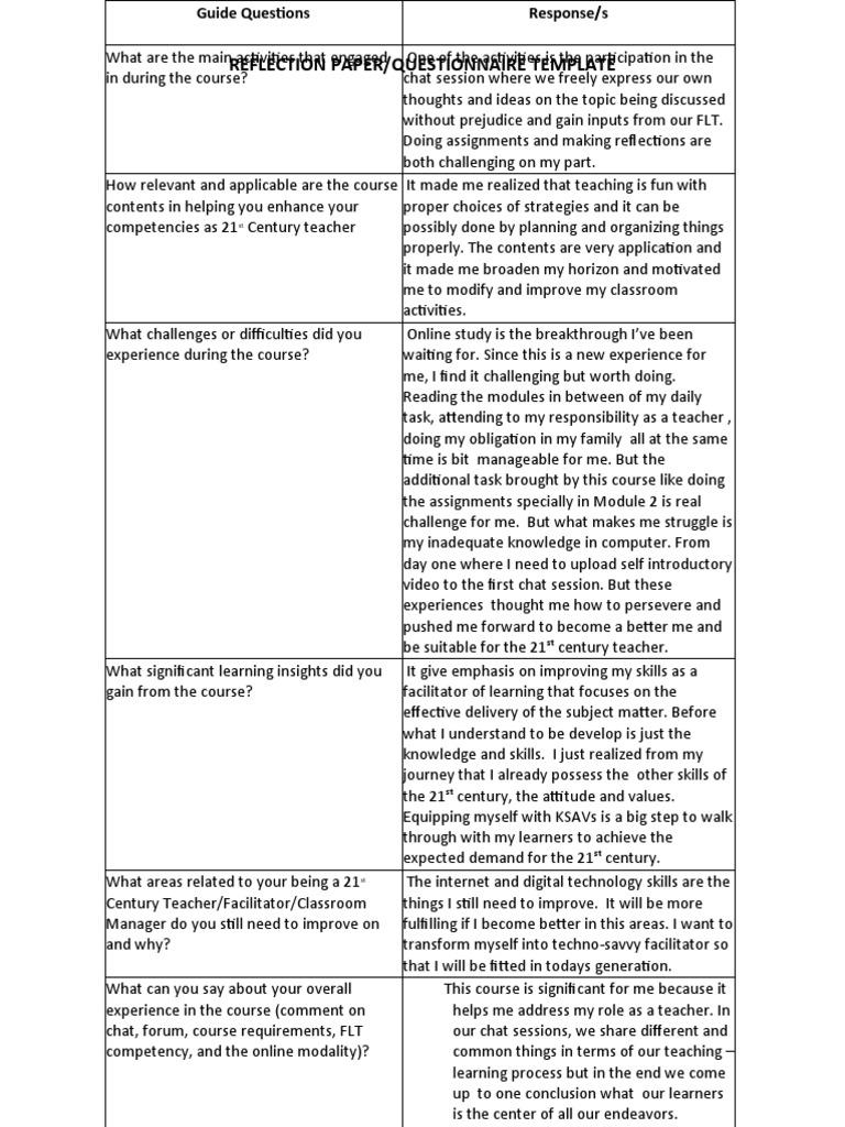 Guide Questions - REFLECTION PAPER Template | PDF | Facilitator | Learning