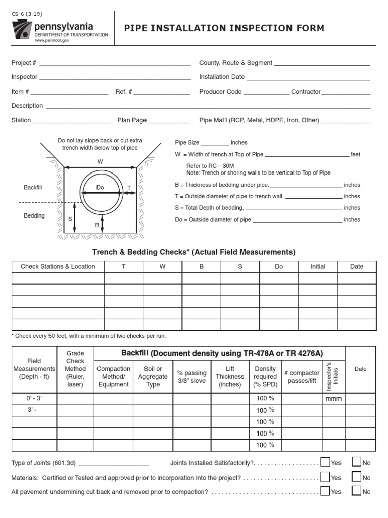 Pipe Installation Inspection Form: Trench & Bedding Checks (Actual ...