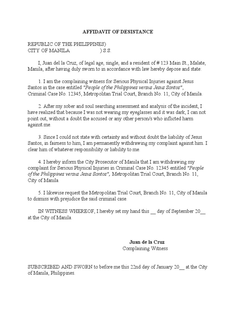Affidavit of Desistance for Case Withdrawal | PDF | Law