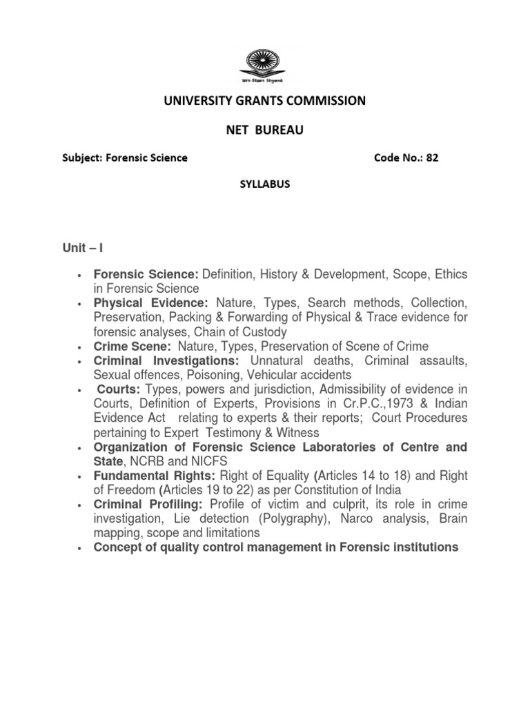 University Grants Commission Net Bureau: Subject: Forensic Science Code ...