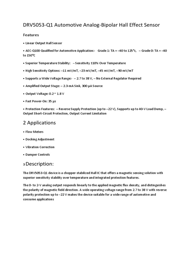 DRV5053-Q1 Automotive Hall Effect Sensor Features Title | PDF | Electrical Components ...
