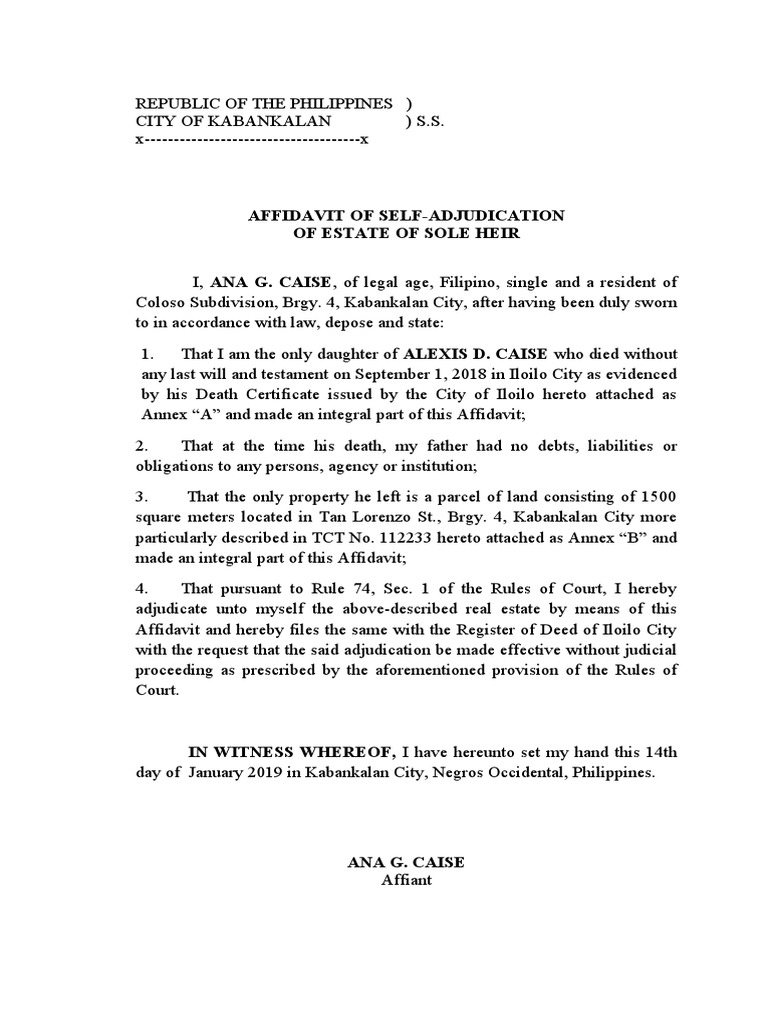 Affidavit of Self-Adjudication of Estate by Sole Heir | PDF