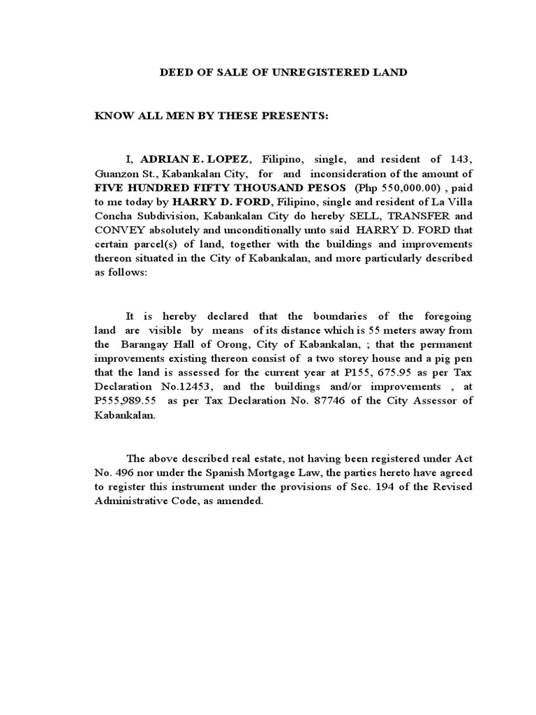 Deed of Sale of Unregistered Land | PDF | Real Estate Law | Natural ...
