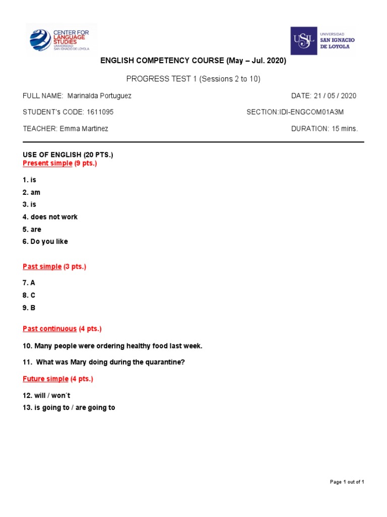 English Competency Course (May - Jul. 2020) : PROGRESS TEST 1 (Sessions ...