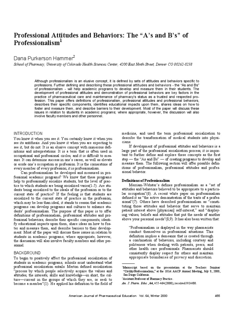 Professional Attitudes and Behaviors: The "A's and B'S" of ...