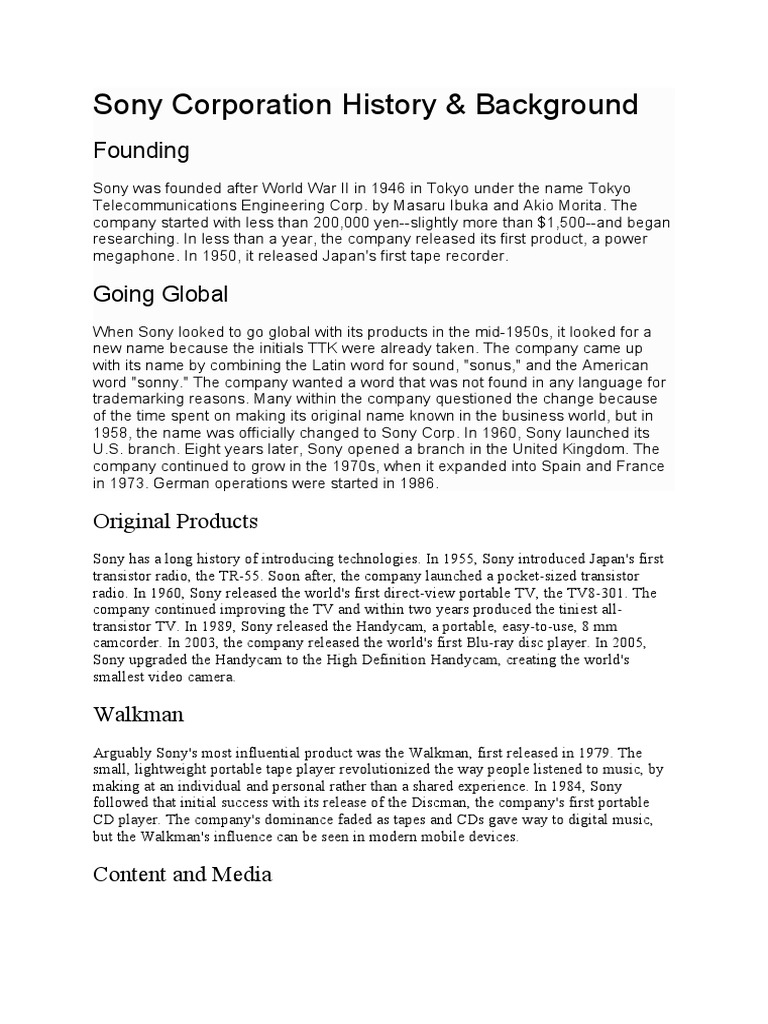 Sony Corporation History | PDF | Sony | Video Game Consoles