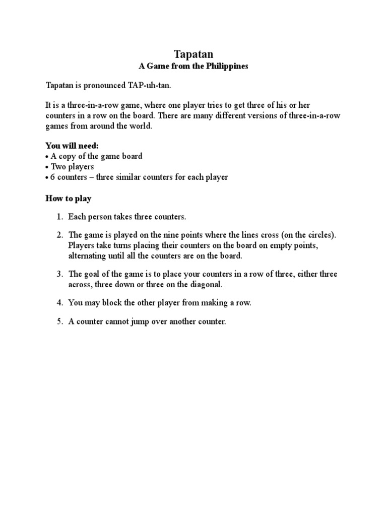 How to Play Tapatan: A Guide | PDF