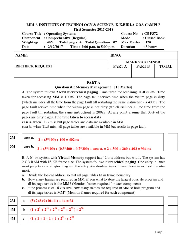 Compre - Answerkey CS F372 | PDF | Scheduling (Computing) | Hard Disk Drive