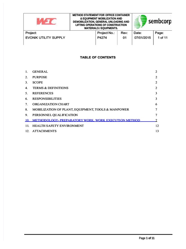 Method Statement For Office Container and Equipment Mobilization RG | PDF