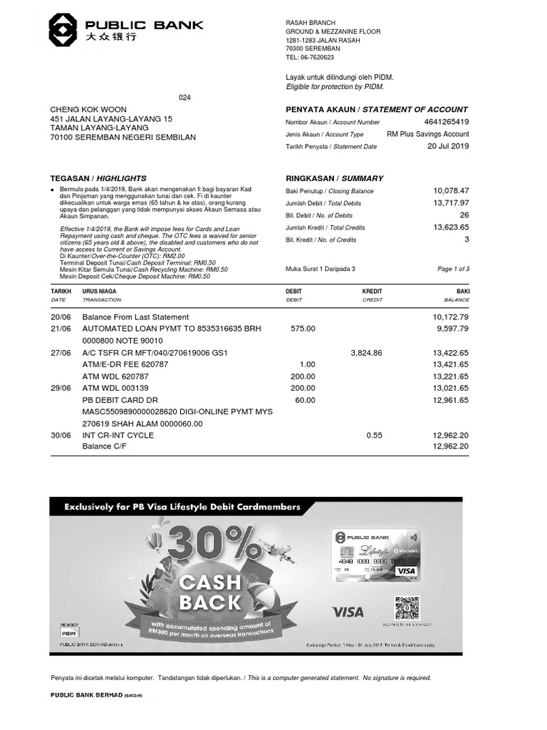 Penyata Akaun / Statement of Account: Layak Untuk Dilindungi Oleh PIDM | PDF