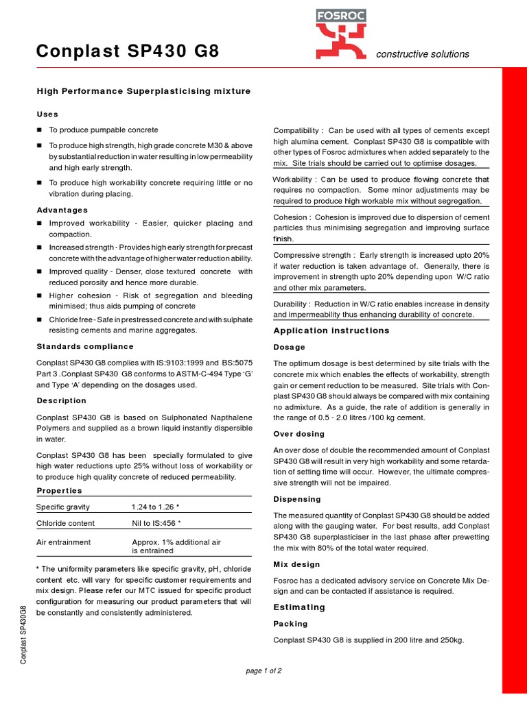 Conplast sp430 g8 Dis Concrete Admixture | PDF | Composite Material ...