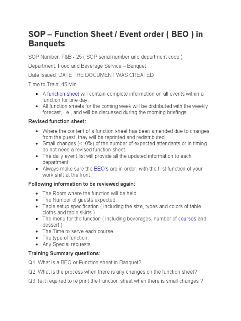SOP - Function Sheet / Event Order (BEO) in Banquets | PDF