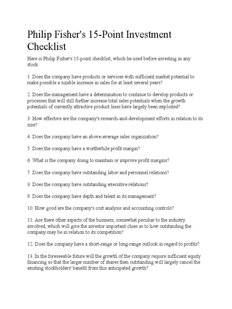 Philip Fisher's 15-Point Investment Checklist | PDF