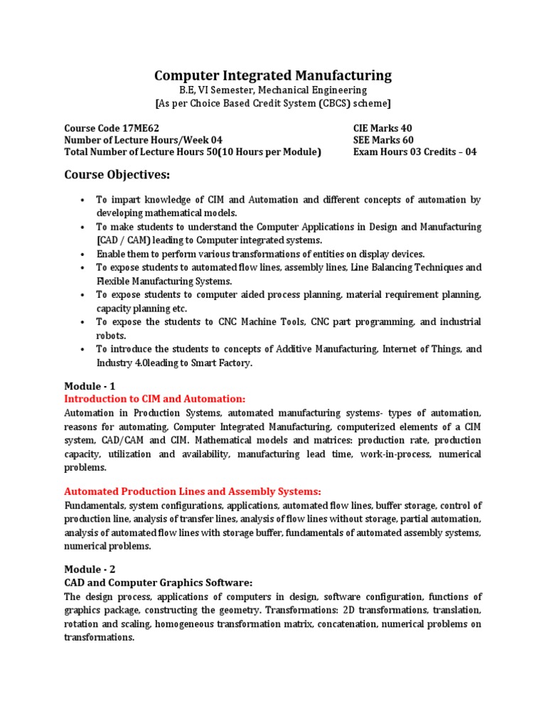 Computer Integrated Manufacturing: Course Objectives | PDF | Automation ...
